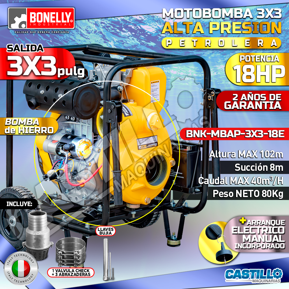 Motobomba Alta Presión Petrolera 3x3 | Bonelly 18HP – castillomaquinarias